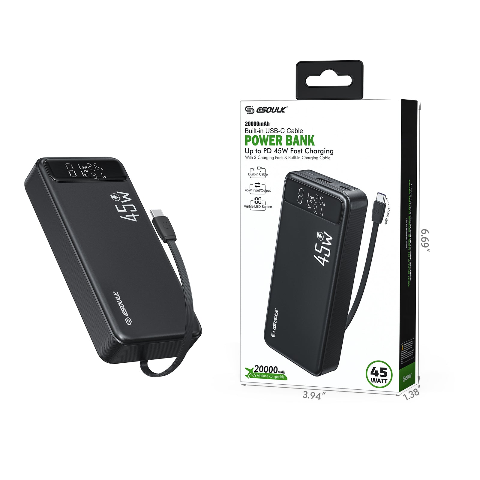 20000mAh PD 45W Built-in USB-C Cable Power Bank